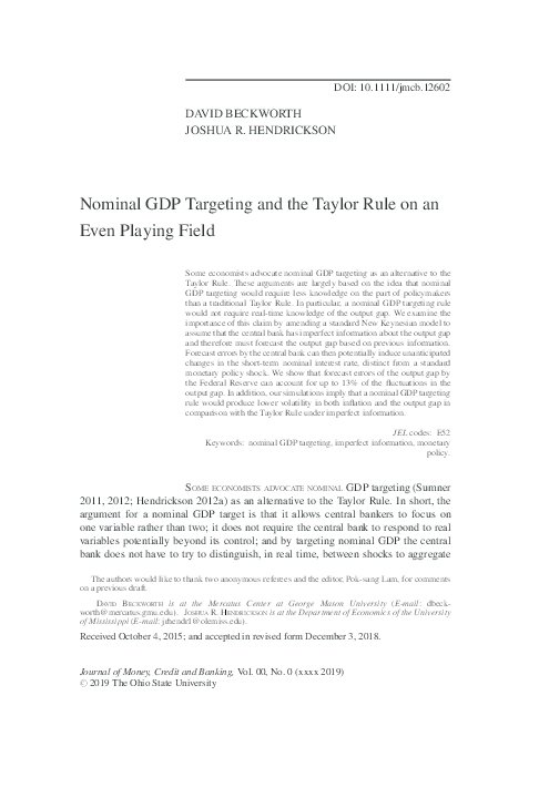 (PDF) Nominal GDP Targeting and the Taylor Rule on an Even Playing Field