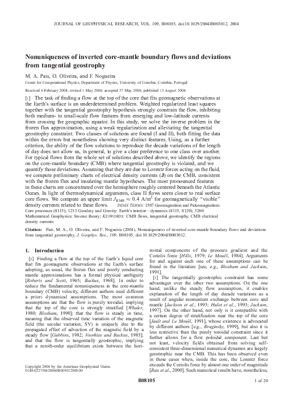(PDF) Nonuniqueness of inverted core-mantle boundary flows and deviations from tangential geostrophy