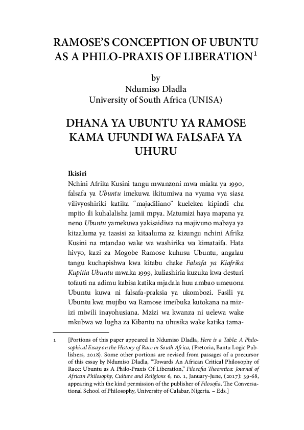 (PDF) Ramose's Conception of Ubuntu as a Philo-praxis of Liberation1 ...