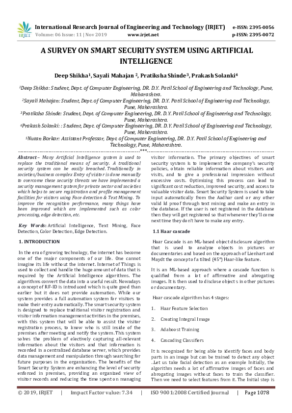 (PDF) IRJET- A SURVEY ON SMART SECURITY SYSTEM USING ARTIFICIAL INTELLIGENCE