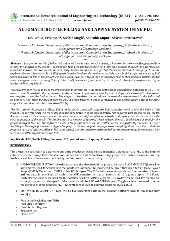 (PDF) IRJET- AUTOMATIC BOTTLE FILLING AND CAPPING SYSTEM USING PLC