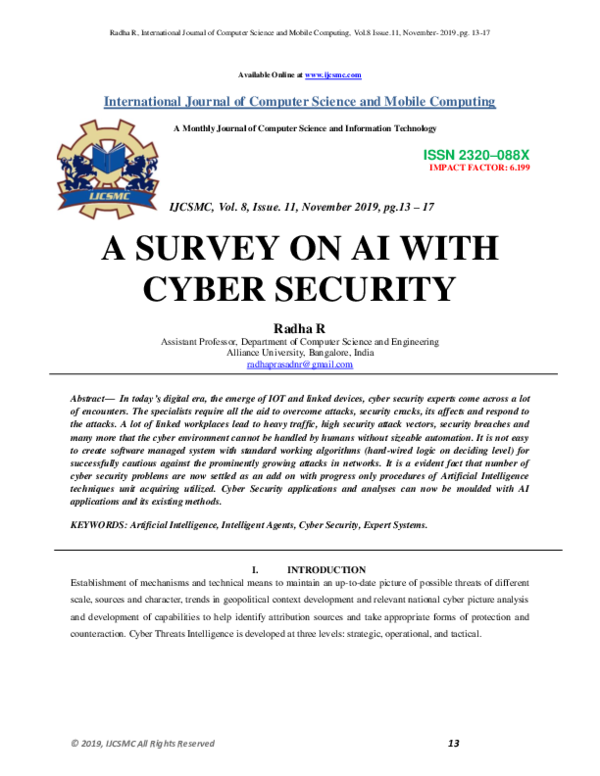 (PDF) A SURVEY ON AI WITH CYBER SECURITY﻿