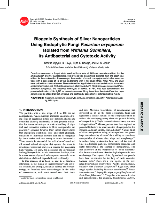 (PDF) Biogenic Synthesis of Silver Nanoparticles Using Endophytic Fungi Fusarium oxysporum ...