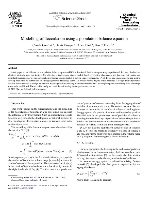 (PDF) Modelling of flocculation using a population balance equation