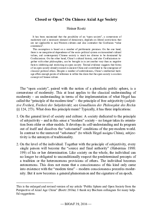 Closed or Open? On Chinese Axial Age Society