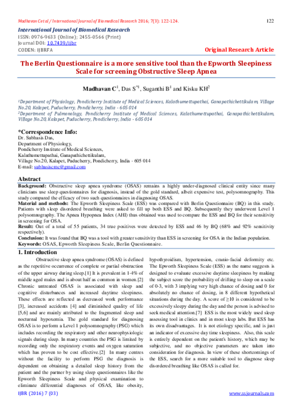 (PDF) The Berlin Questionnaire is a more sensitive tool than the ...