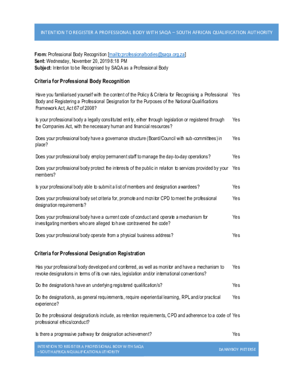 (PDF) Intention to register a professional body with SAQA