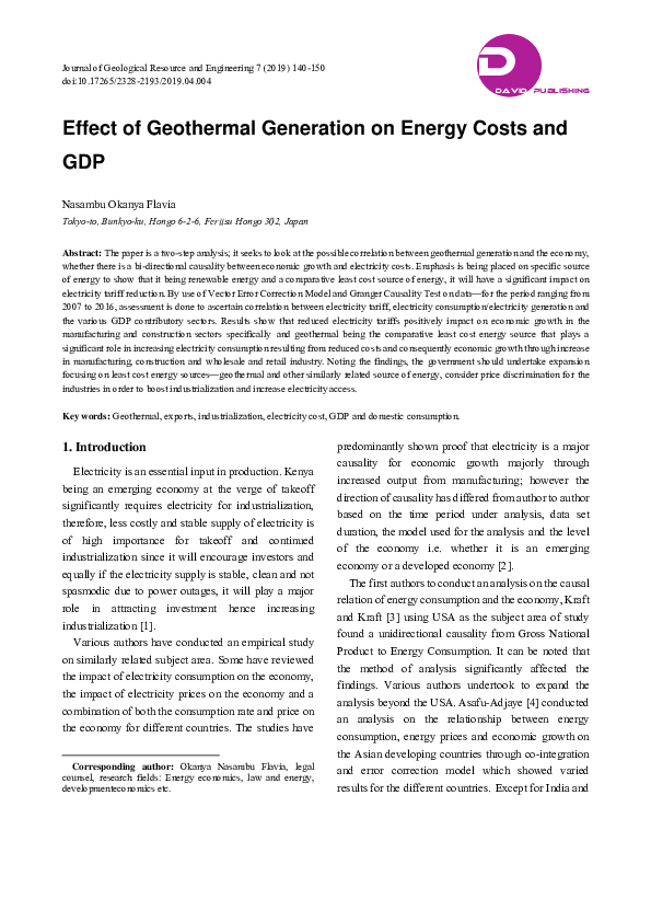 (PDF) Effect of Geothermal Generation on Energy Costs and GDP