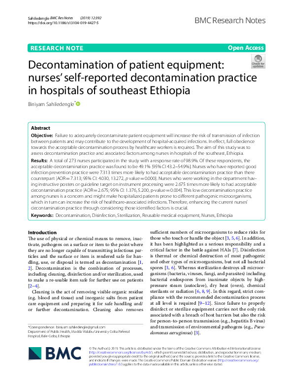 (PDF) Decontamination of patient equipment: nurses' self-reported ...