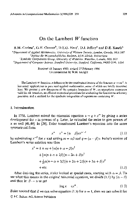 (PDF) On the Lambert W function