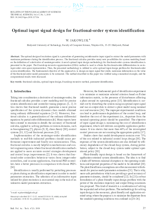 Pdf Optimal Input Signal Design For Fractional Order System