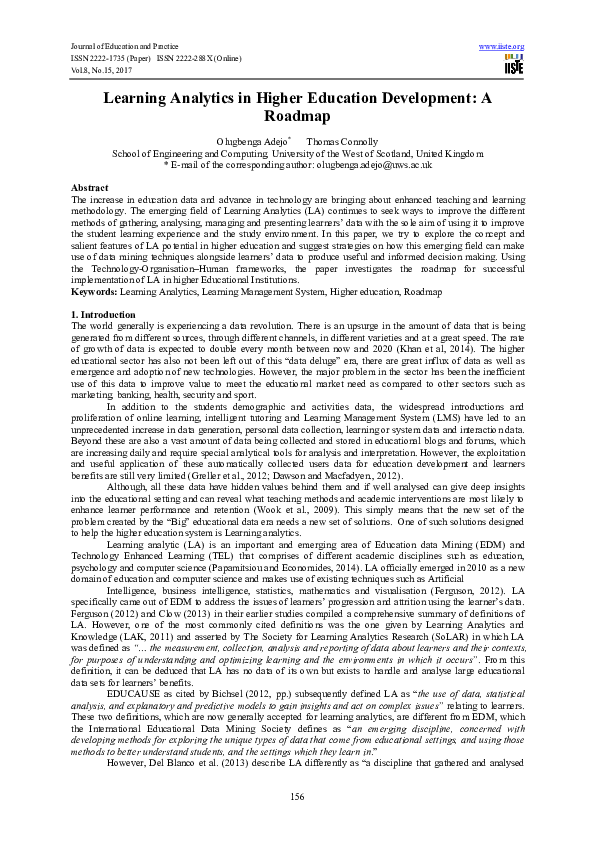 (PDF) Learning Analytics in Higher Education Development: A Roadmap