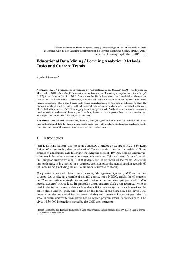 Pdf Educational Data Mining Learning Analytics Methods Tasks And Current Trends