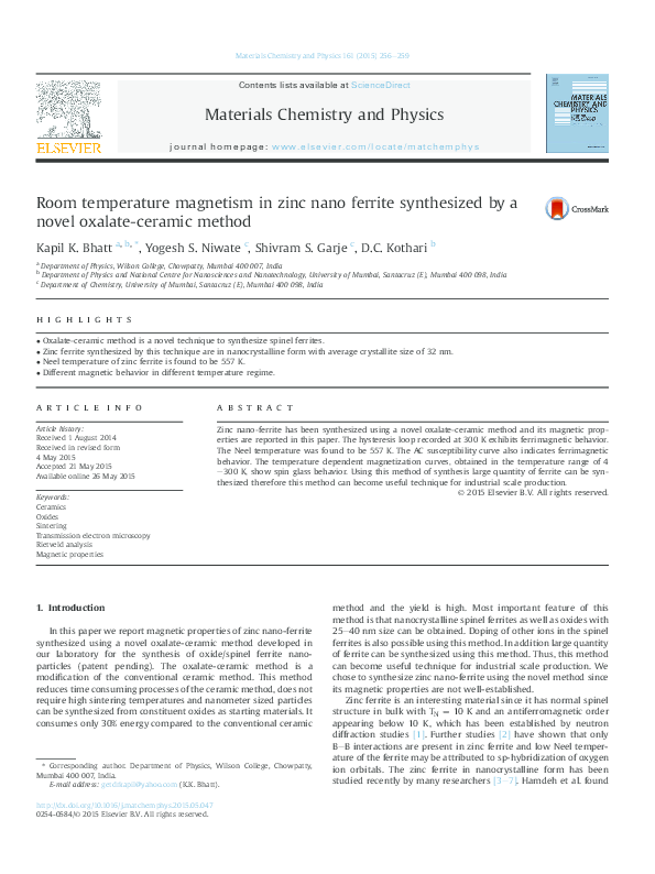 (PDF) Room temperature magnetism in zinc nano ferrite synthesized by a novel oxalate-ceramic method