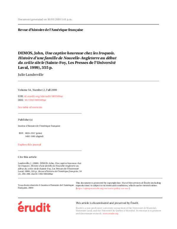 (PDF) Demos, John, Une captive heureuse chez les Iroquois. Histoire d ...