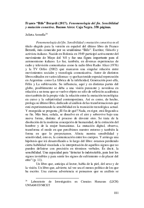 (PDF) Fenomenología del fin. Bifo. Reseña.