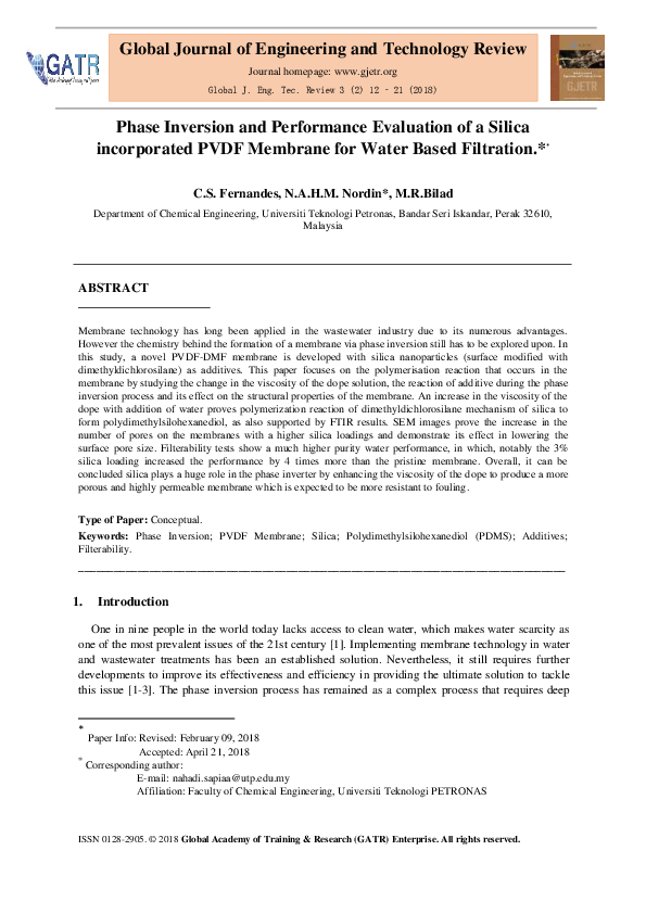 (PDF) Phase Inversion and Performance Evaluation of a Silica ...