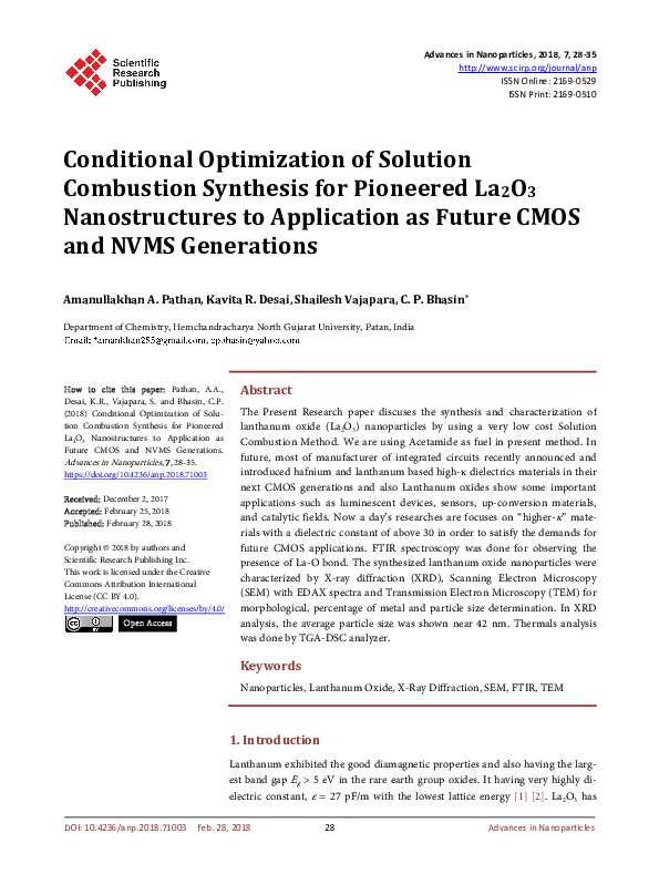 (PDF) Conditional Optimization of Solution Combustion Synthesis for Pioneered La 2 O 3 ...