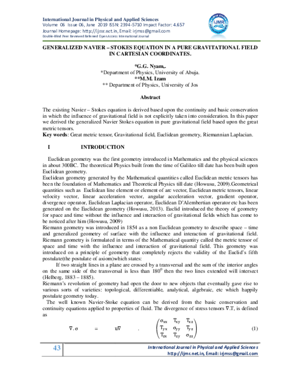 (PDF) GENERALIZED NAVIER – STOKES EQUATION IN A PURE GRAVITATIONAL ...