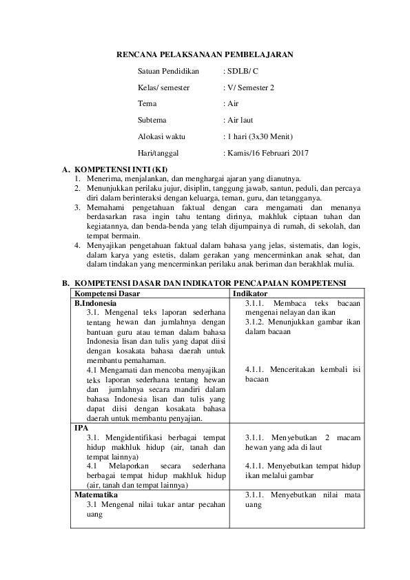Doc Rpp Sdlb Kelas V Tema Air