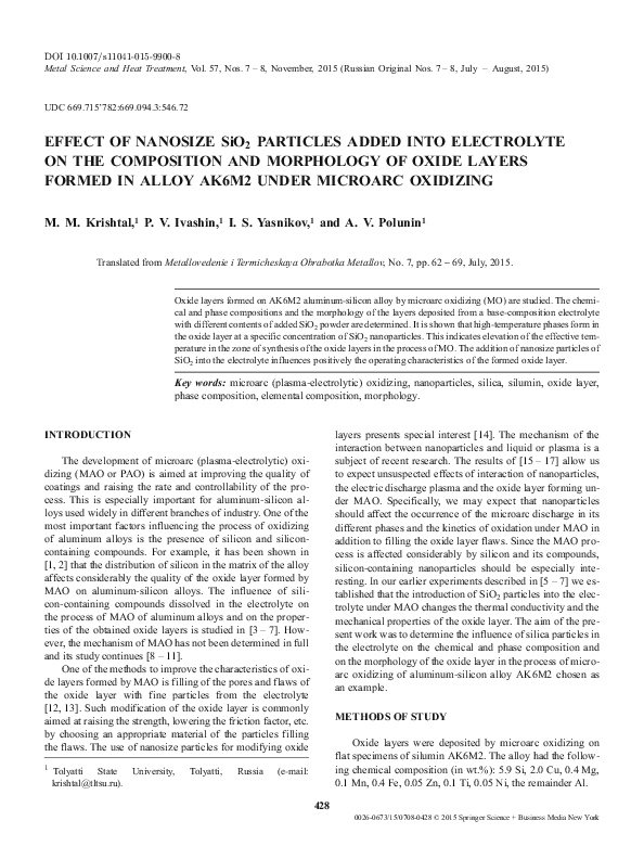 (PDF) EFFECT OF NANOSIZE SiO 2 PARTICLES ADDED INTO ELECTROLYTE ON THE COMPOSITION AND ...