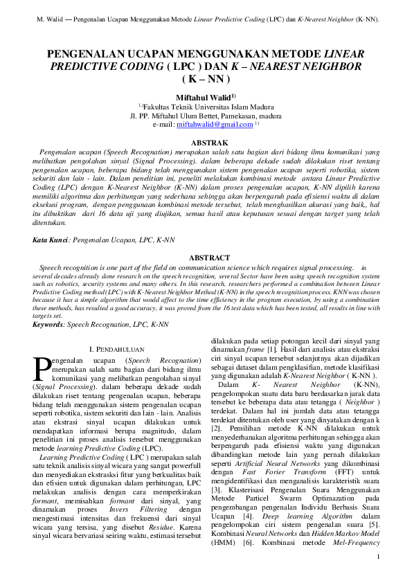 Pdf Pengenalan Ucapan Menggunakan Metode Linear Predictive Coding