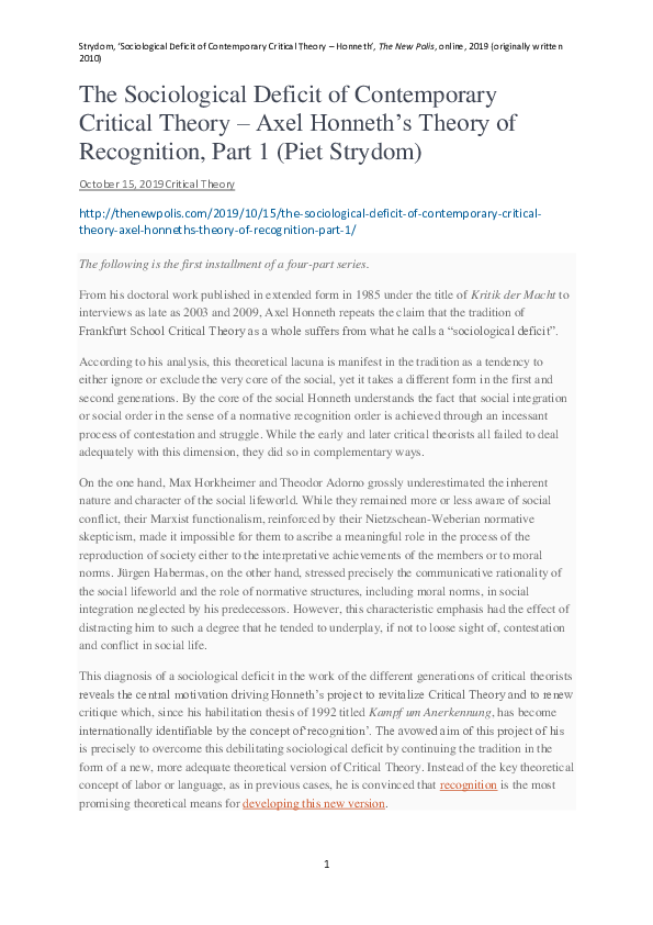 (DOC) The Sociological Deficit of Critical Theory - Axel Honneth's Theory of Recognition