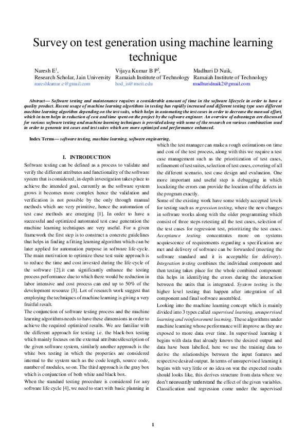 (PDF) Survey on test generation using machine learning techniques paper ...