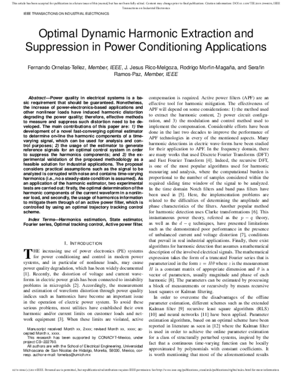(PDF) Optimal Dynamic Harmonic Extraction and Suppression in Power Conditioning Applications