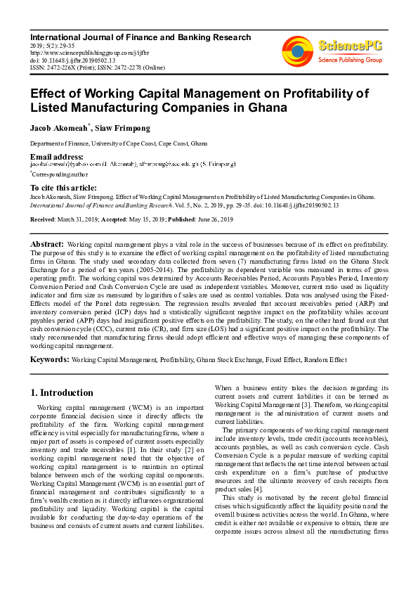 (PDF) Effect of Working Capital Management on Profitability of Listed Manufacturing Companies in ...