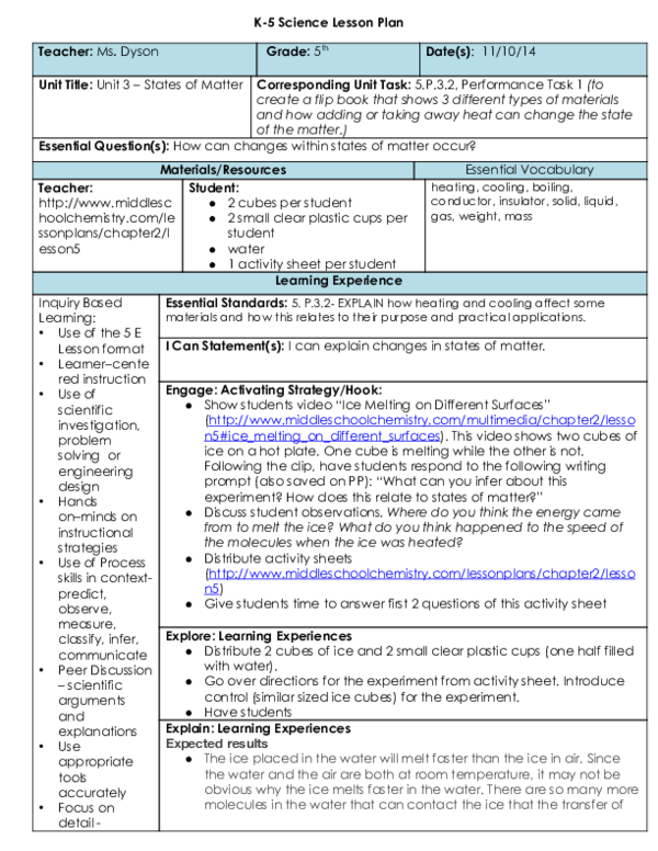 (PDF) K-5 Science Lesson Plan
