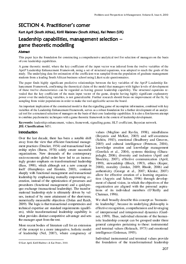 Pdf Leadership Enhancement Capabilities Management Selection Game Theoretic Modelling