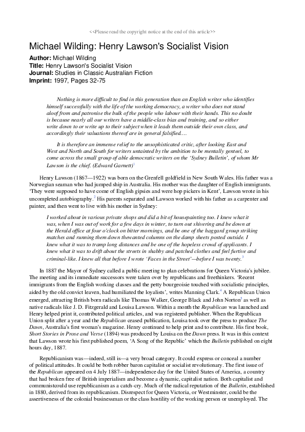 (PDF) Michael Wilding: Henry Lawson's Socialist Vision