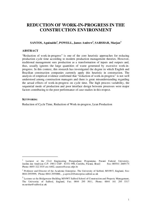 (PDF) Reduction of Work-in-Progress in the Construction Environment