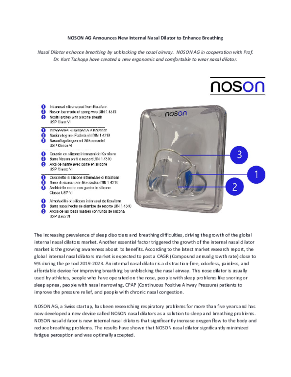 (PDF) NOSON AG Announces New Internal Nasal Dilator to Enhance Breathing