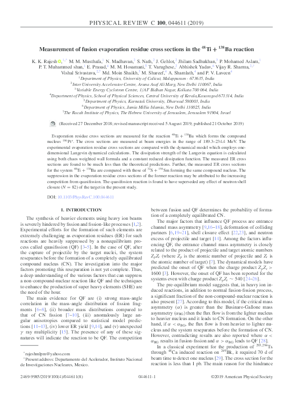 (PDF) Measurement of fusion evaporation residue cross sections in the ...
