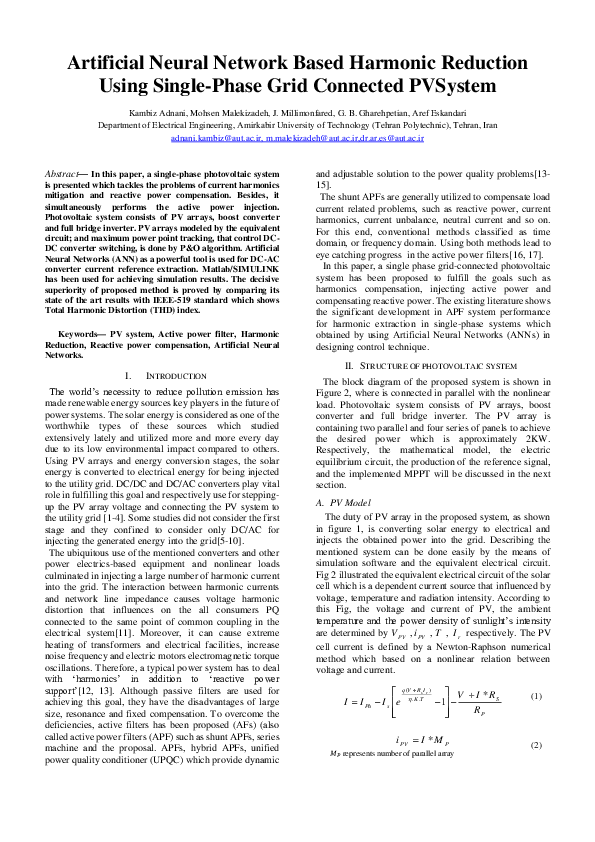 (PDF) Artificial Neural Network Based Harmonic Reduction Using Single-Phase Grid Connected PVSystem
