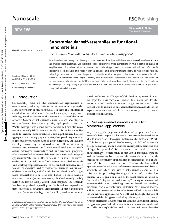 (PDF) Supramolecular self-assemblies as functional nanomaterials