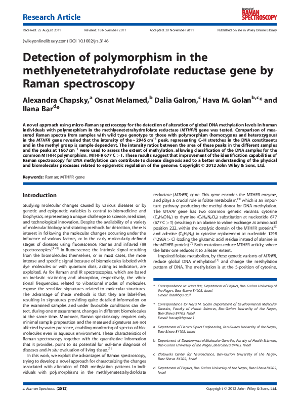 (PDF) Detection of polymorphism in the methlyenetetrahydrofolate reductase gene by Raman ...
