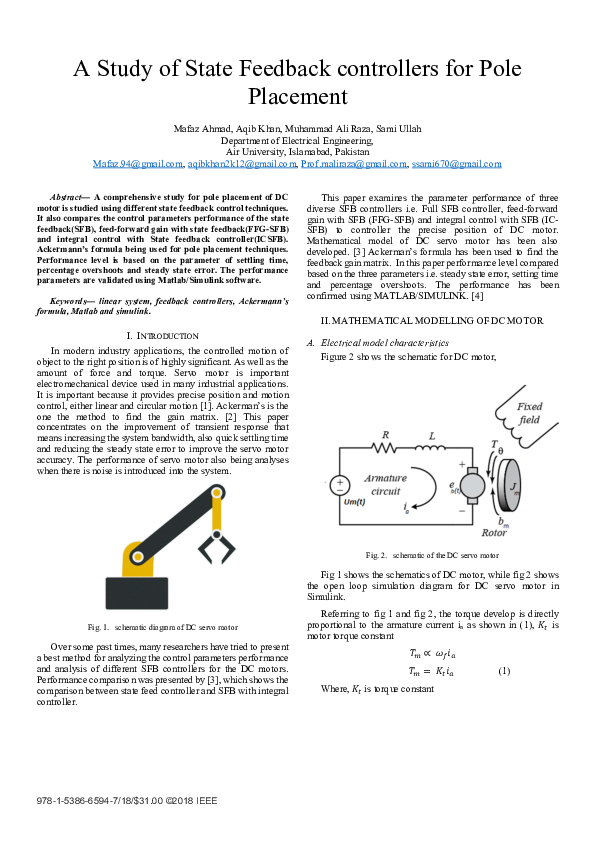 (PDF) A Study of State Feedback controllers for Pole Placement