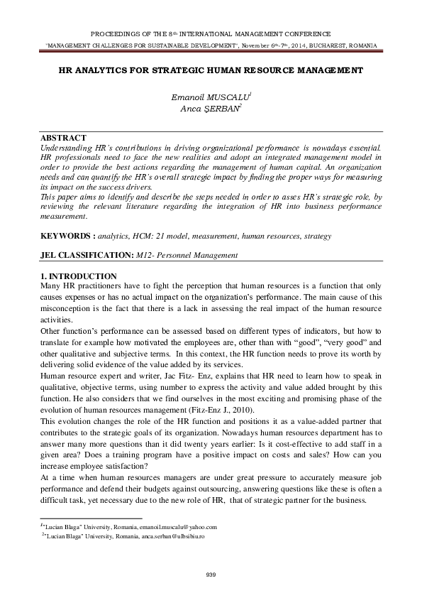 (PDF) HR ANALYTICS FOR STRATEGIC HUMAN RESOURCE MANAGEMENT