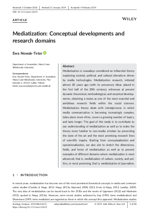 (PDF) Mediatization: Conceptual developments and research domains