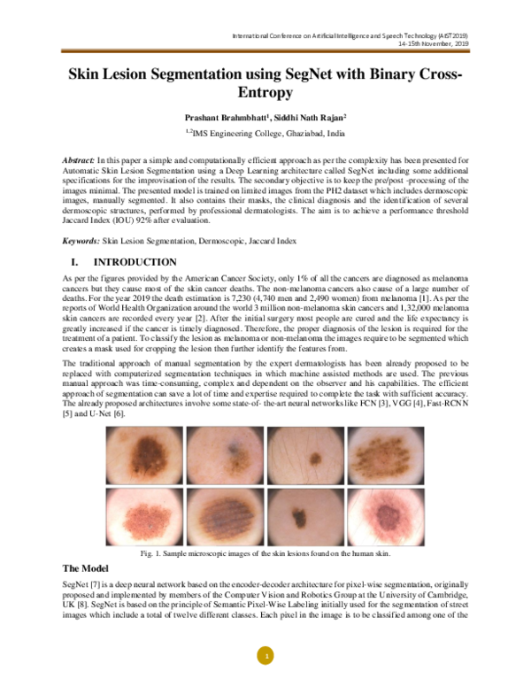 Pdf Skin Lesion Segmentation Using Segnet With Binary Cross Entropy Prashant Brahmbhatt