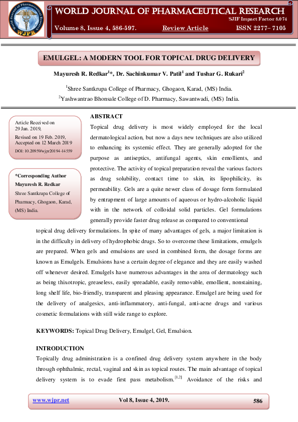 (PDF) EMULGEL: A MODERN TOOL FOR TOPICAL DRUG DELIVERY