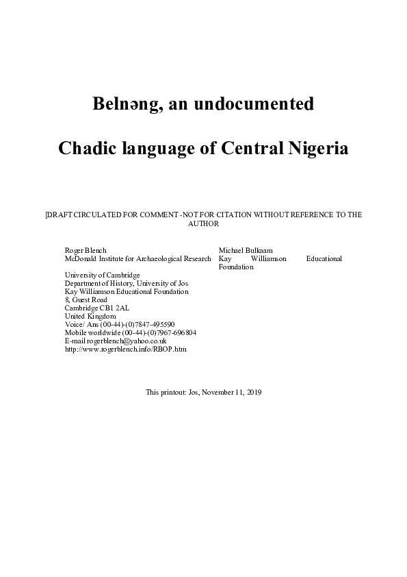 (PDF) Belnәng, an undocumented Chadic language of Central Nigeria