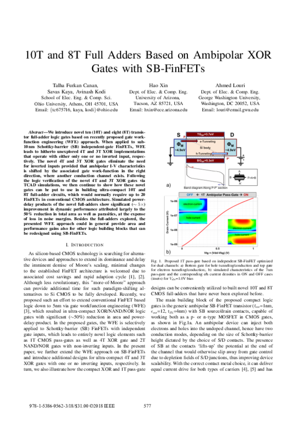 (PDF) 10T and 8T Full Adders Based on Ambipolar XOR Gates with SB-FinFETs