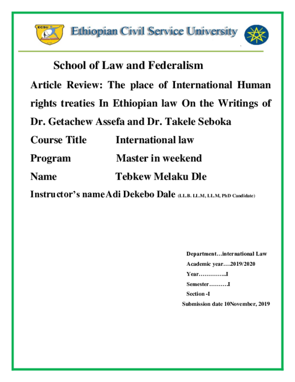 (DOC) Article Review: The place of International Human rights treaties In Ethiopian law On the ...