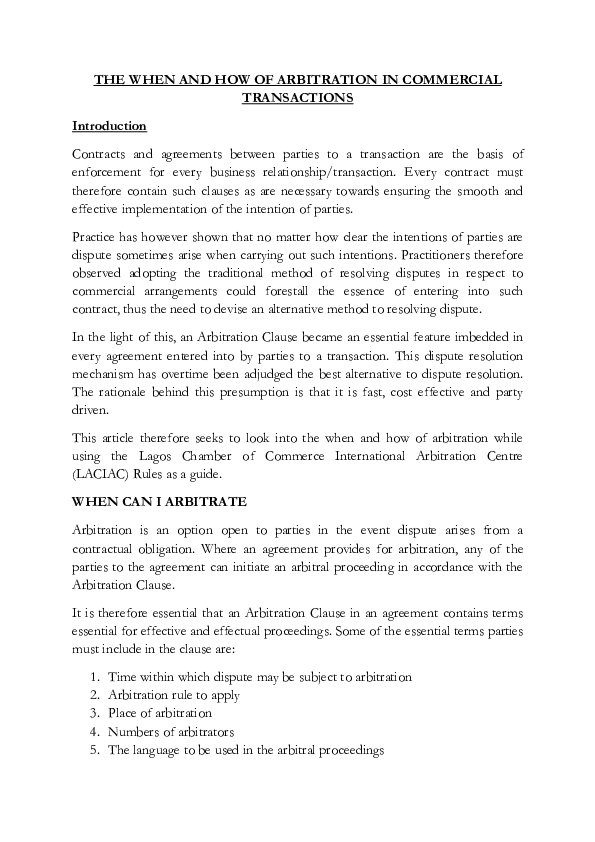 (DOC) The When and How of Arbitration in Commercial Transactions