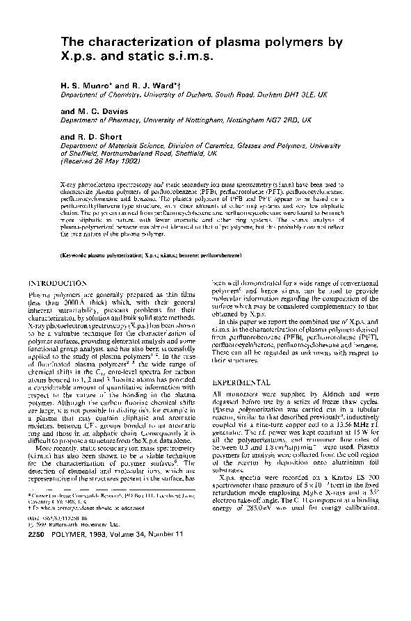 (PDF) The characterization of plasma polymers by X.p.s. and static s.i ...