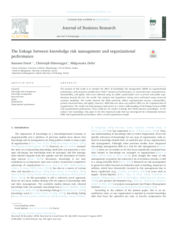 (PDF) The linkage between knowledge risk management and organizational ...